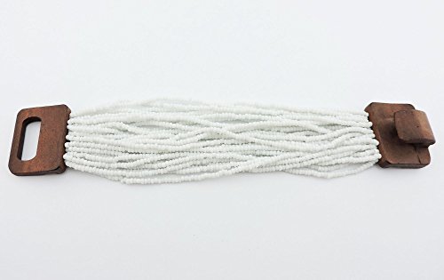 Coiris Wooden Buckle Clasp Elastic Stretch Multi Layers Seed Beads Wide Wrap Bracelet for Women (BR1167-white)