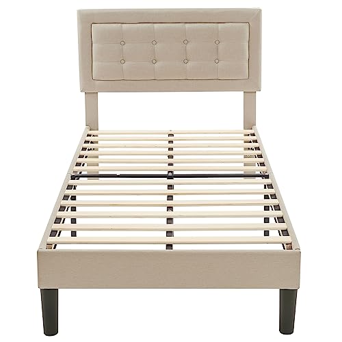VECELO Twin Size Upholstered Bed Frame with Height Adjustable Fabric Headboard, Heavy-Duty Platform Bedframe/Mattress Foundation/Strong Wood Slat Support/No Box Spring Needed, Beige