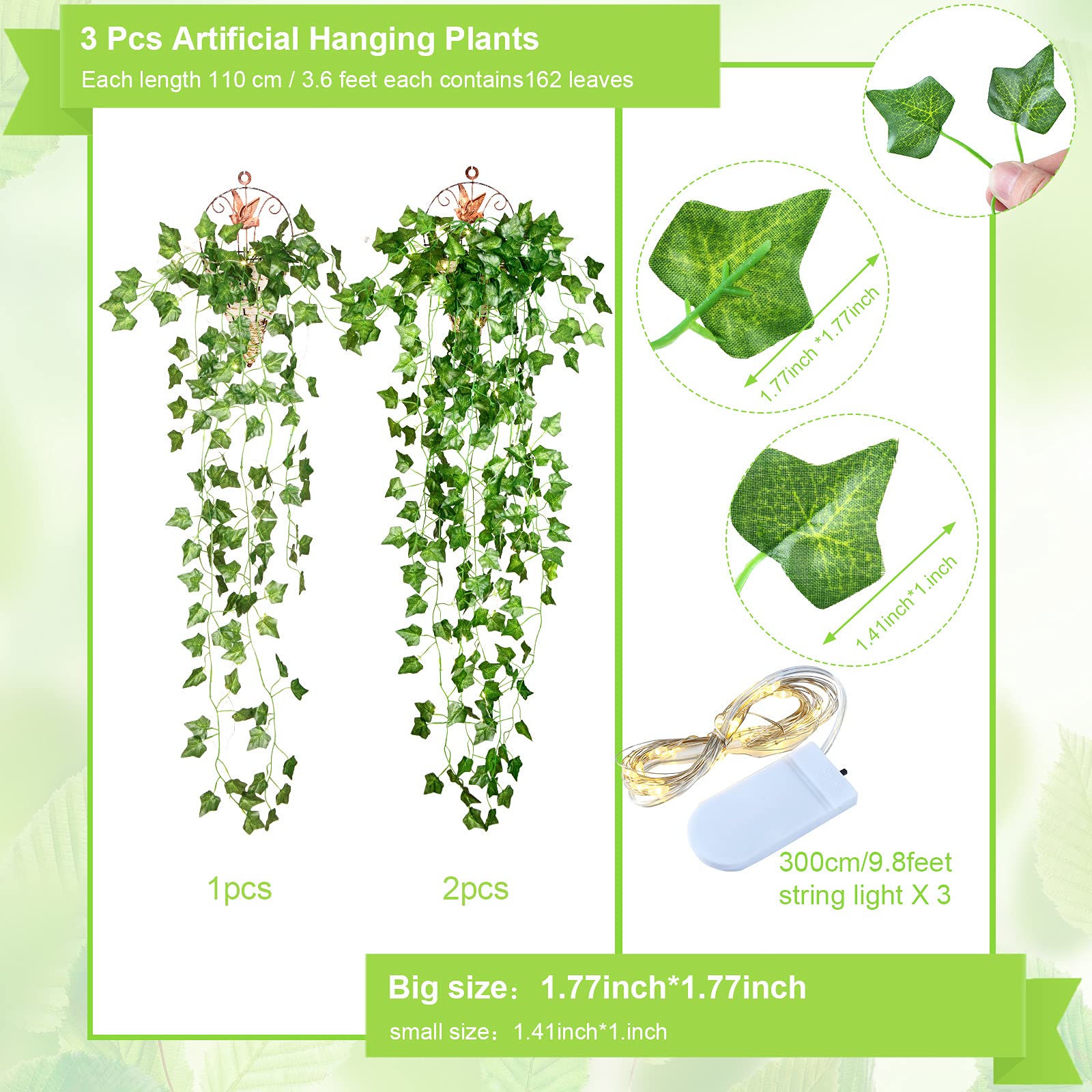 Mudder Fake Ivy Vines with Lights, LED Artificial Hanging Green Leaves Vines for Outdoors Patio Porch Decor (Basket Not Included) (Ivy Style, 3 Packs)
