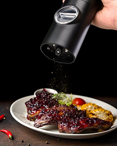 COKUNST Electric Pepper and Salt Grinder Set, Battery Powered Adjustable 5 Levels of Coarseness Black Pepper Grinder Mill with Stand, Automatic Grinding with LED Light for BBQ Resturant Kitchen