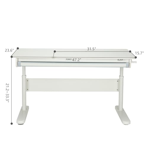 FCD Kids Desk, Wooden Adjustable Height Ergonomic Study Desk with Tiltable Desktop, Pull Out Storage Drawer for Kids 4-13 (Bookshelf Not Included)