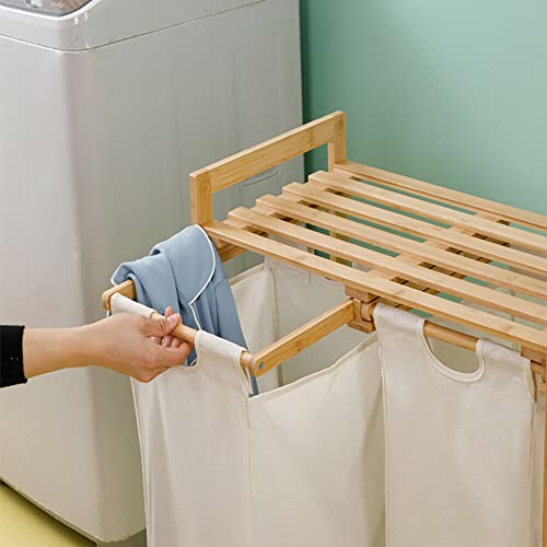 Bamboo Laundry Hamper with Dual Compartments,2 Section Floor Stand Bathroom Storage Shelf Cabinet with Removable Sliding Bags & Shelf Large Freestanding Portable Laundry Basket Hamper Organizer