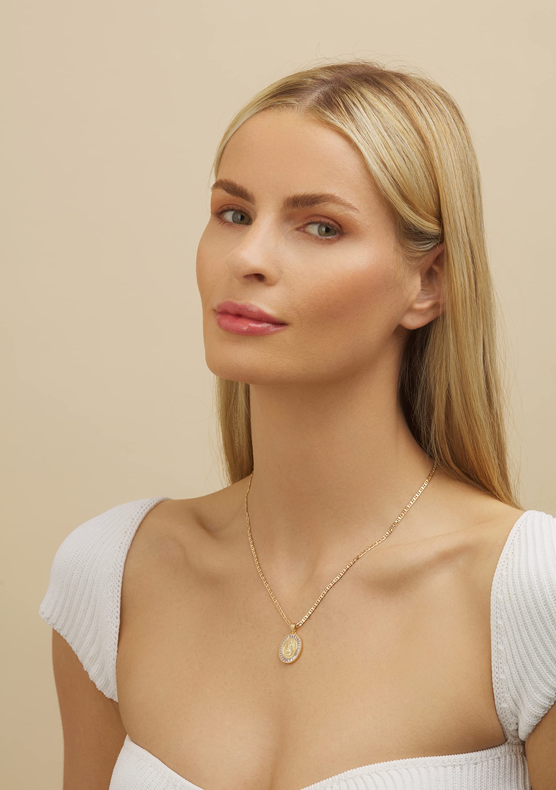Barzel 18K Gold Plated Flat Mariner/Marina 060 3MM Chain Necklace With Cubic Zirconia Virgin Mary Guadalupe Charm Pendant (20)