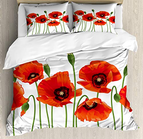 Ambesonne Floral Duvet Cover Set, Poppies of Spring Season Pastoral Flowers Botany Bouquet Field Nature Theme Art, Decorative 3 Piece Bedding Set with 2 Pillow Shams, Queen Size, Red and Green