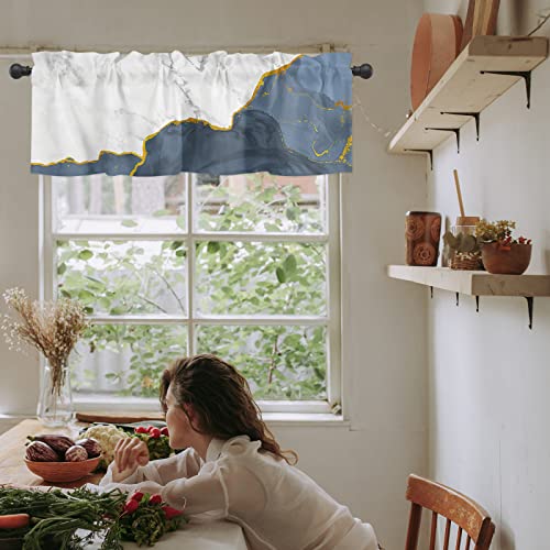 COLCE Valances for Windows Wild Marble Pattern Gold Blue White Ombre Curtain Valance for Kitchen Basement Window Curtain Decorative Rod Pocket Short Winow Valance Curtains 60" W x 18" L