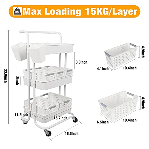 JOLEAD Baby Diaper Caddy Organizer Cart Movable, 3-Tier Sturdy Newborn Nursery Essentials Storage Cart for Changing Tables, with Mesh Baskets Hanging Cups and Sticker, Easy to Assemble