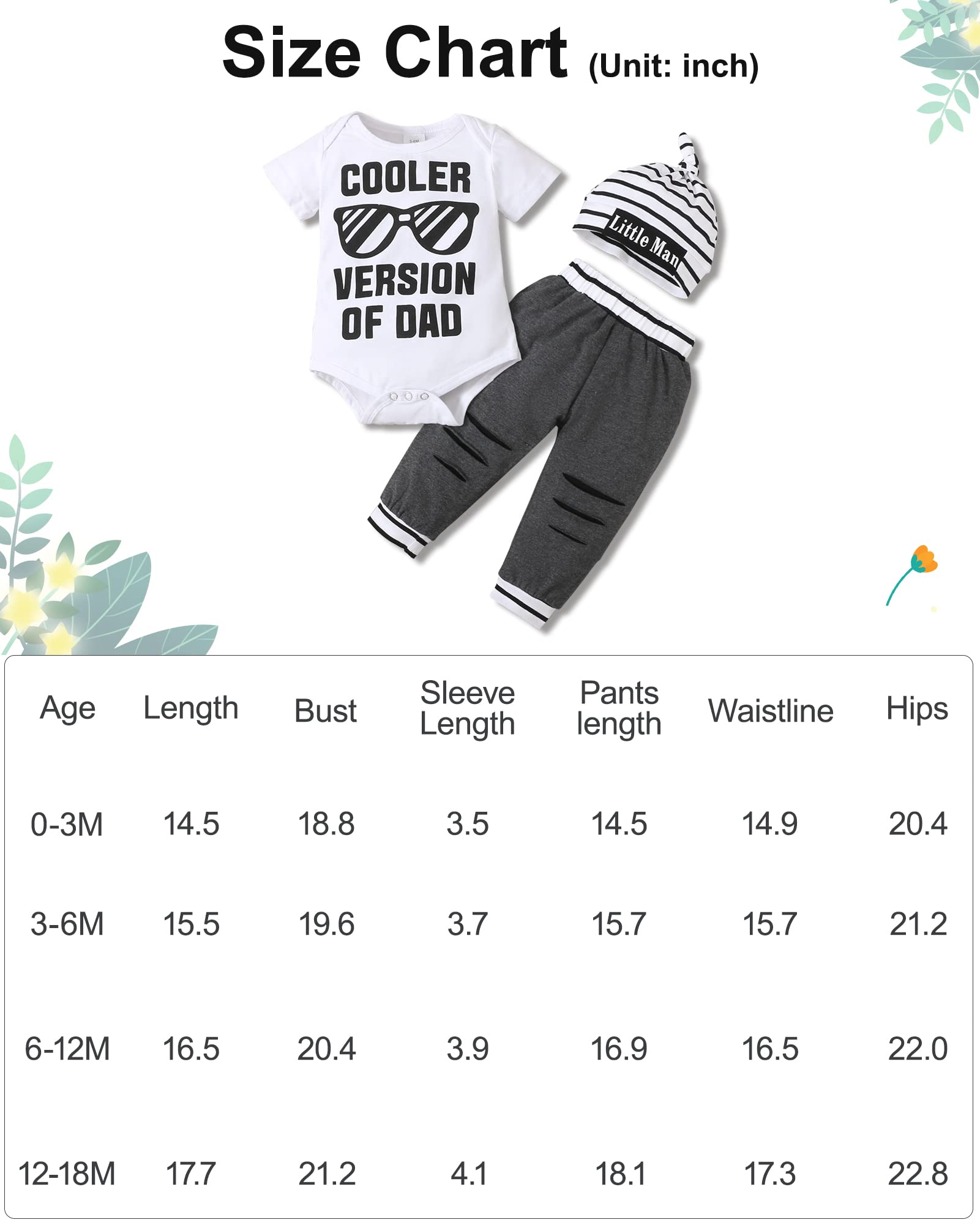 DISAUR Baby Boy Clothes Newborn Boy Outfits, Infant Short Sleeve Letter Print Romper+Long Pants+Hat 3PC Clothing Set(3M,White)