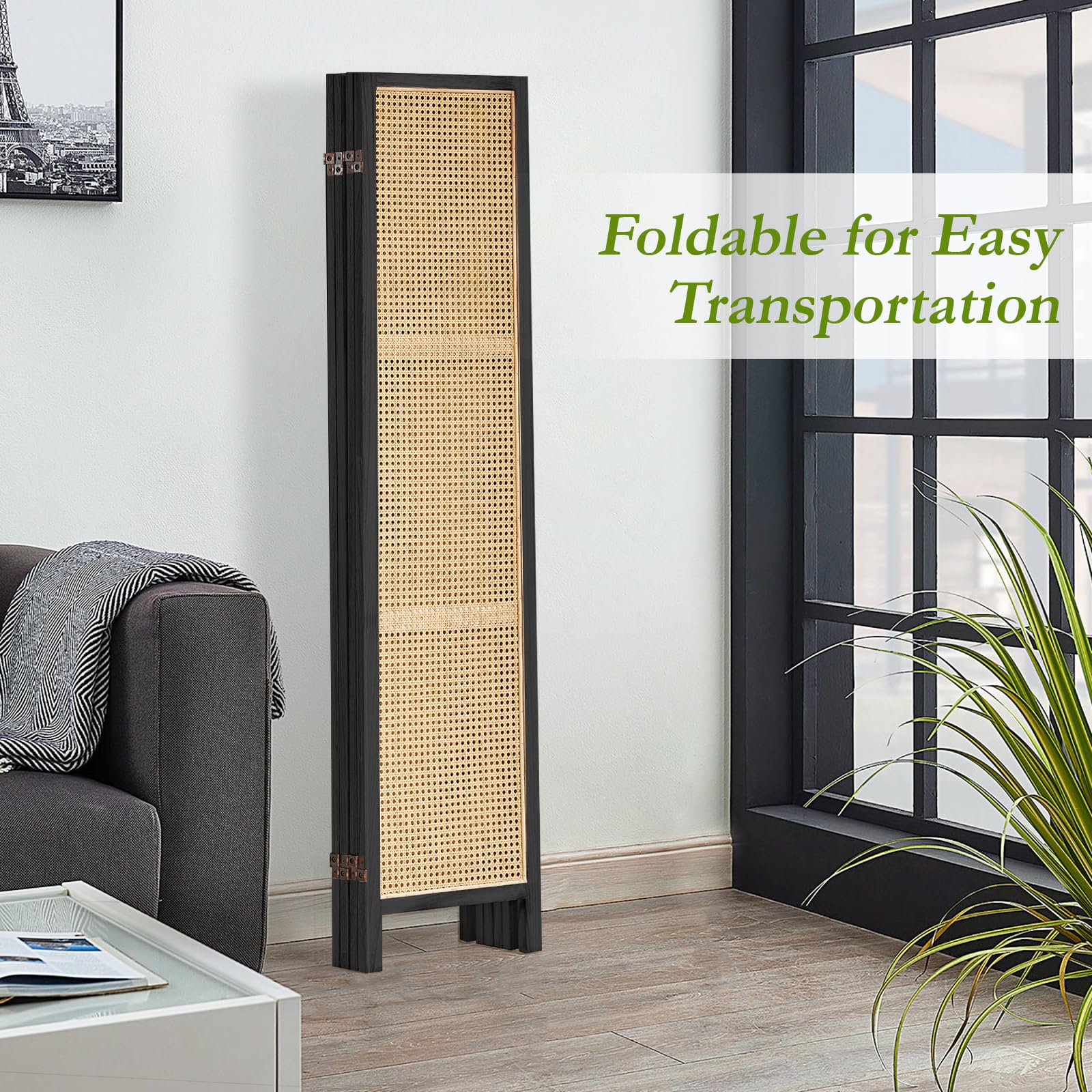 ALeesing 4 Panels Wood Room Divider and Folding Privacy Screens, Hand-Woven Rattan Room Dividers Panel, Room Divider Wall Freestanding, Room Partitions Screen for Home Office Bedroom, Black