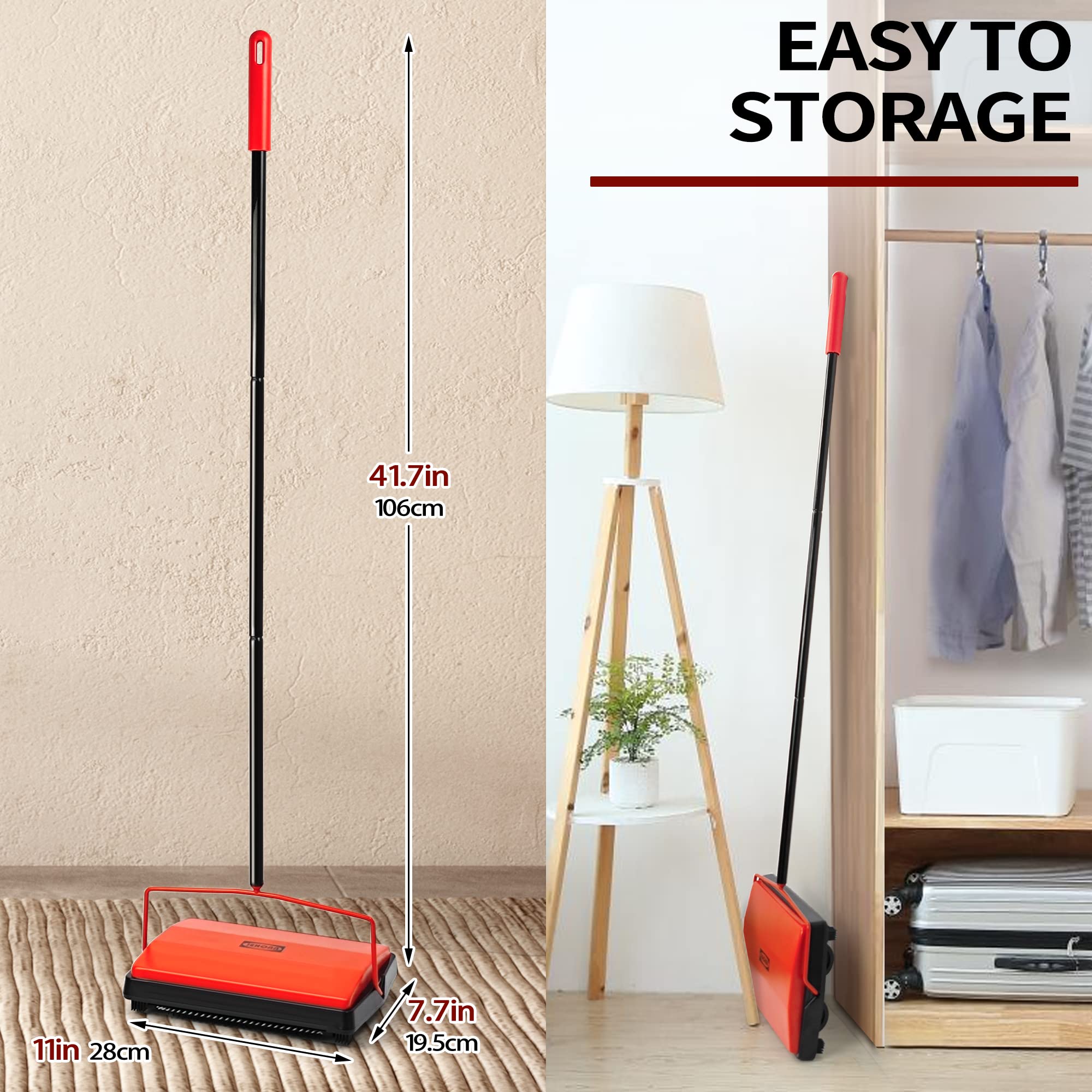 JEHONN Carpet Floor Sweeper Manual with Horsehair, Dust Mop for Floor Cleaning with 2 Washable Microfiber Pads