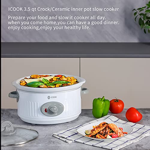 ICOOK Slow Cooker 3.5 Quart USC-351-OG,Dishwasher Safe Crock/Ceramic inner pot and Glass lid,Small Slow Cooker,Oval Shape,White