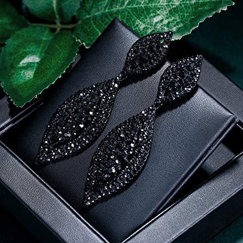 Flyonce Women's Rhinestone Crystal Wedding Bridal 2 Leaf Drop Dangle Chandelier Earrings Deep Black
