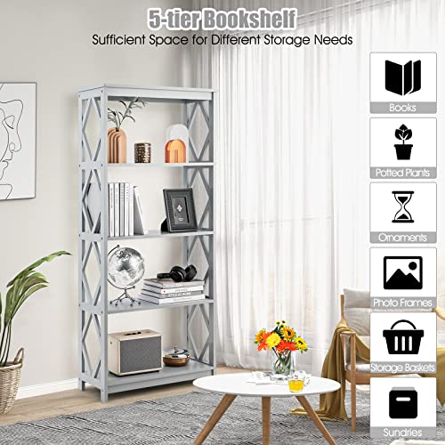 Giantex 5-Tier 61" Tall Wooden Bookshelf - Modern Freestanding Open Shelving Storage Display Shelf with Anti-toppling Device, Easy Assembly Bookcase Shelf Rack for Bedroom, Living Room, Grey