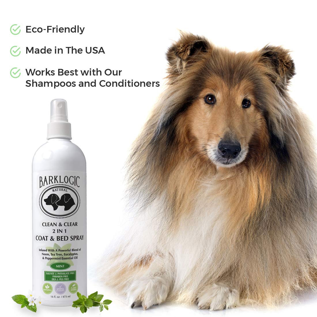 BarkLogic - 2in1 Dog/Puppy Coat & Bed Spray - Sensitive Skin - Safe - Infused with Essential Oils - Refreshing Naturally Derived Scent - Spray on Pets & Household Items - Made in USA - 16 oz - Mint