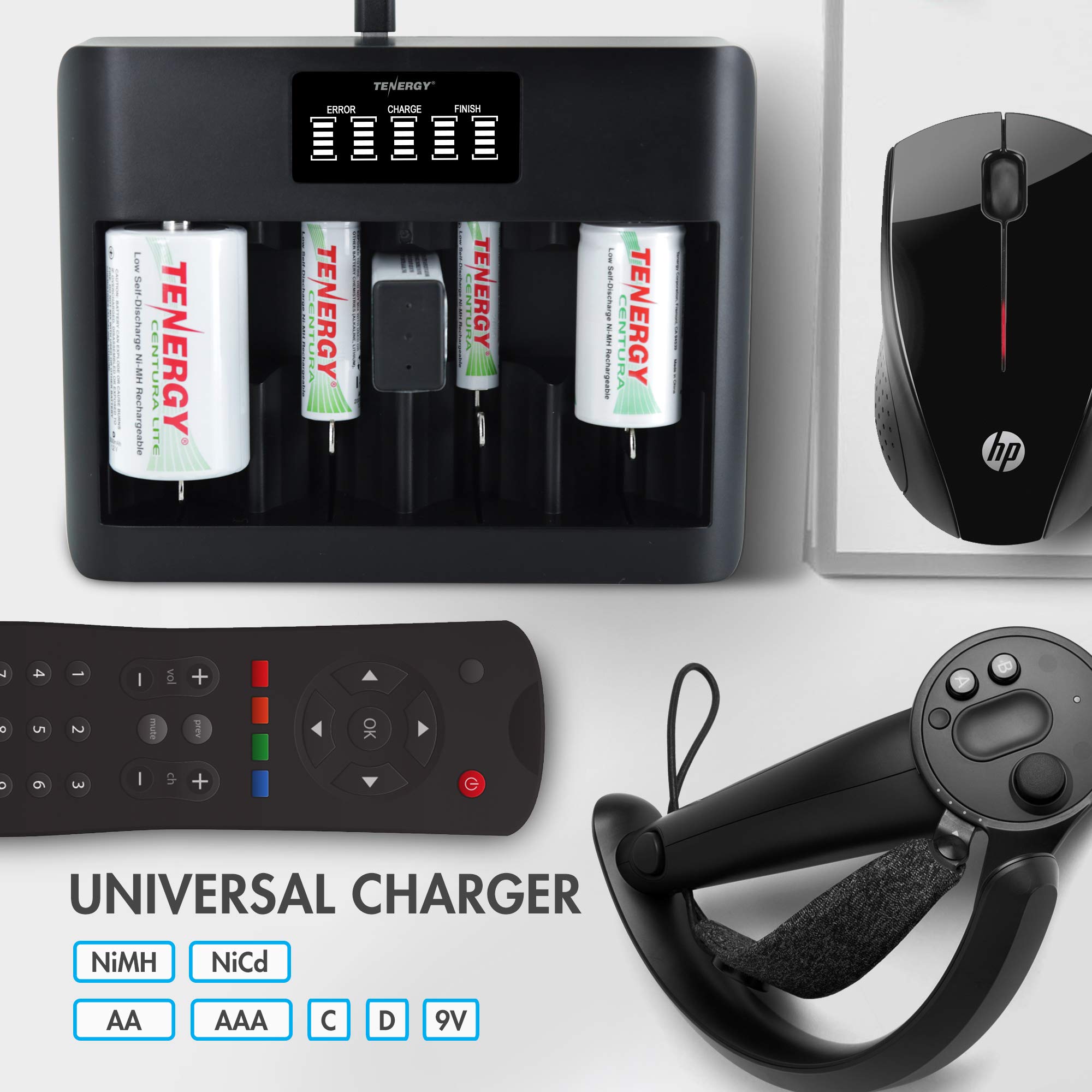 Tenergy TN486U 5-Bay Universal Battery Charger with LCD, Micro USB/Type C Input, for AA, AAA, C, D, and 9V Rechargeable Batteries