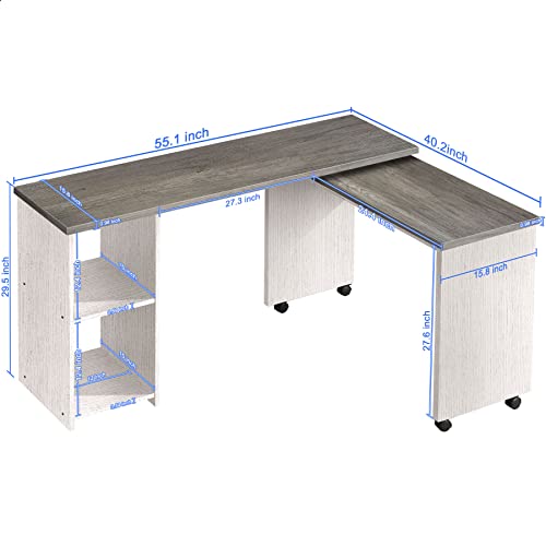 DOSLEEPS L Shaped Desk with Storage 360° Rotating Computer Desk, Modern Wood Entryway Console Table, Home Office Desk,Grey & White.