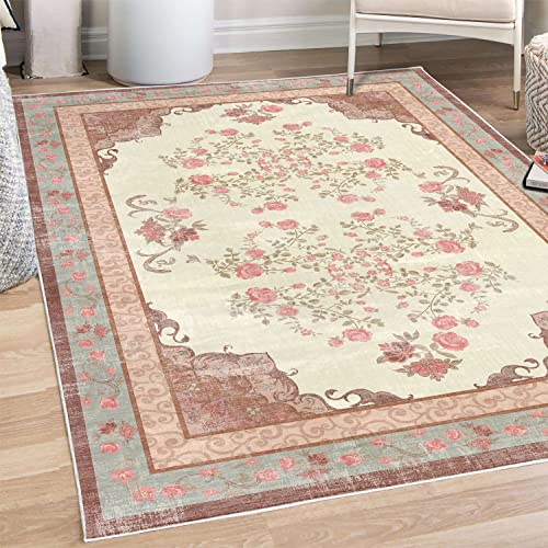 Ambesonne Rose Decorative Rug, Vintage Boho Oriental Culture Style Pattern of Swirling and Curlicue Flowers, Quality Carpet for Bedroom Dorm and Living Room, 4' X 5' 5", Maroon Pink Ivory