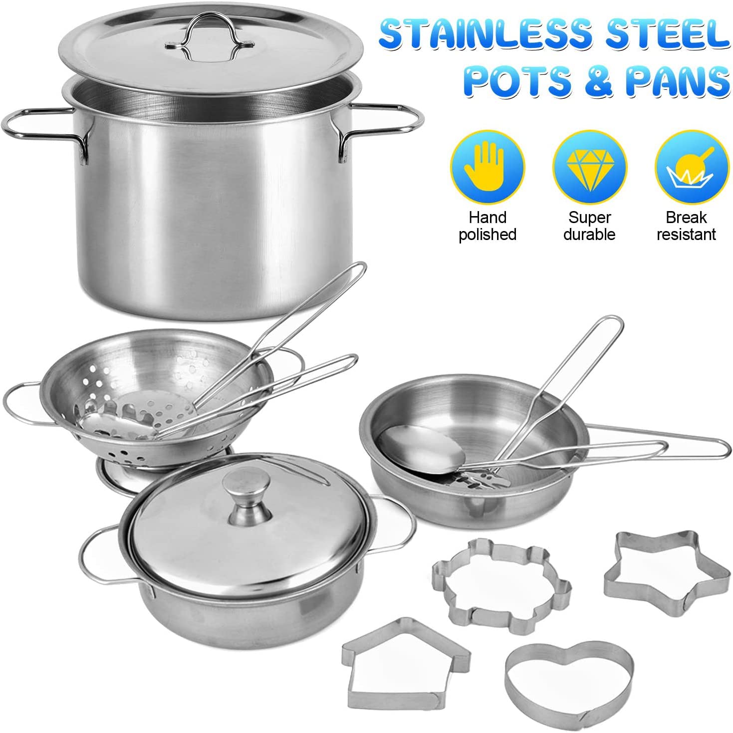 COSILY Kitchen Pretend Play Toys, Kids Cooking and Baking Set with Stainless Steel Cookware Pots and Pans Set, Cooking Utensils, Apron & Chef Hat, Cupcake Moulds, Cutting Vegetables for Boys and Girls