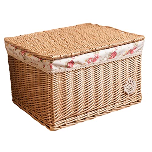 COLLBATH 2pcs box Rattan Woven Clothes Bedroom and Bathroom Liner Desktop Storage Flower Rectangular for with Container Printed Clo Bin Cosmetic Lid Cube Rectangle Organizer Wicker