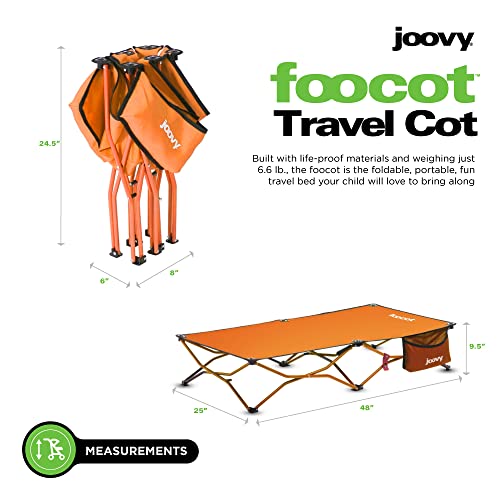Joovy Foocot Travel Cot Featuring a Steel Frame and Tough Polyester Fabric, Storage Pocket, and Easily Folds into Included Travel Bag β Holds Kids Up to 48β Tall or 75 Lbs (Orange)