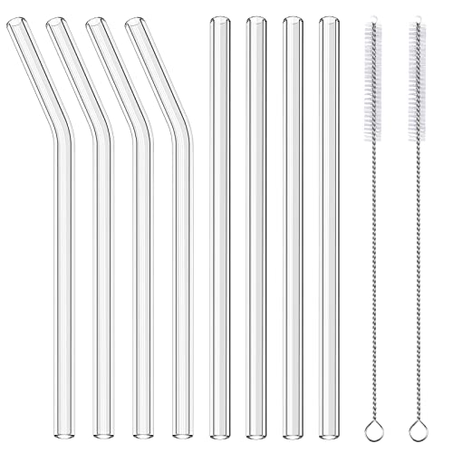 Elyum 8 Pack Reusable Glass Straws, 10'' x 10mm Clear Drinking Straws with 2 Cleaning Brushes Portable Glass Straws for Smoothies Tea Juice Wine (4 Straight + 4 Bent)
