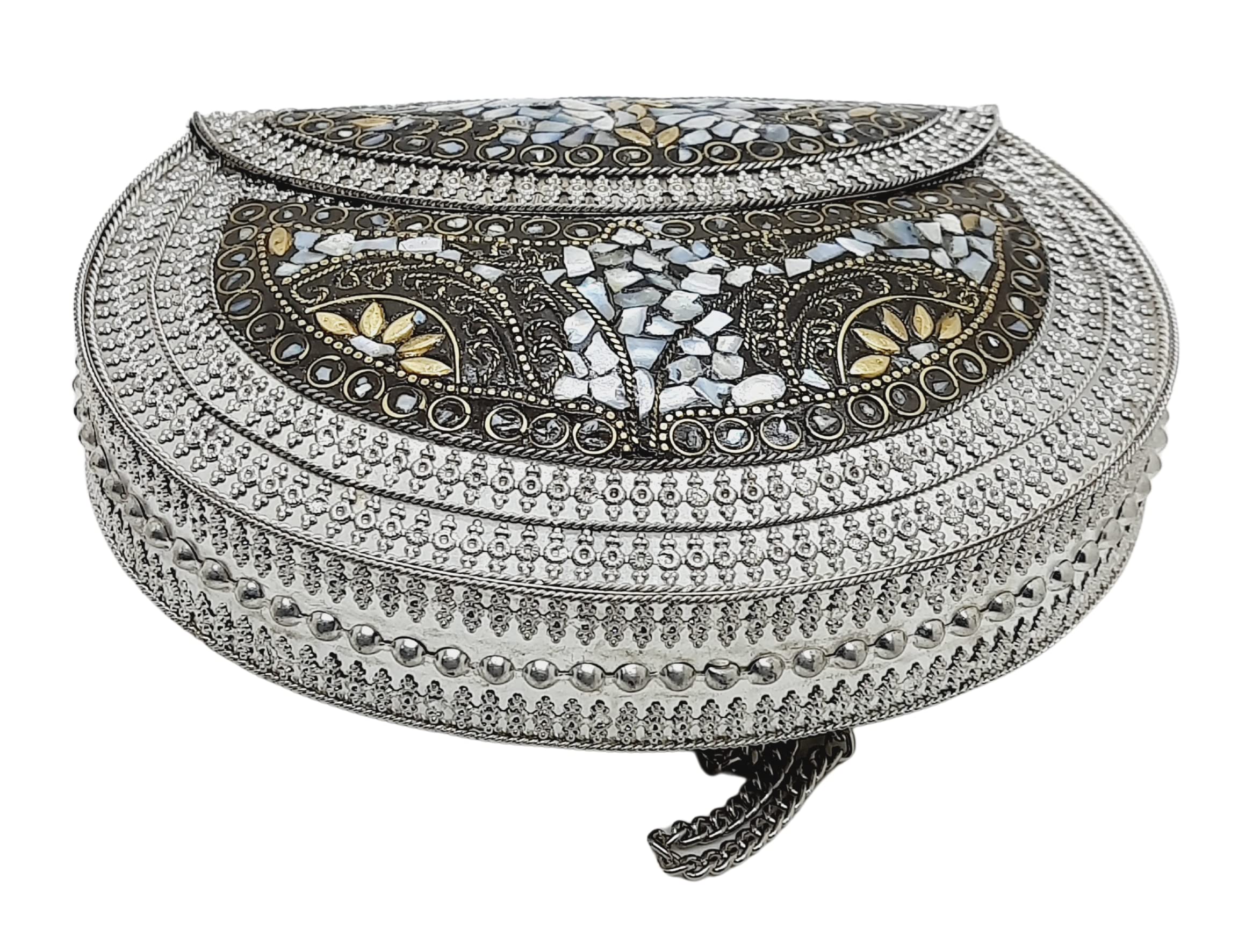 Ethnic Clutch Vintage Handmade metal Mosaic stone Shell purse Handbag for women Party Bag Special occasion accessories