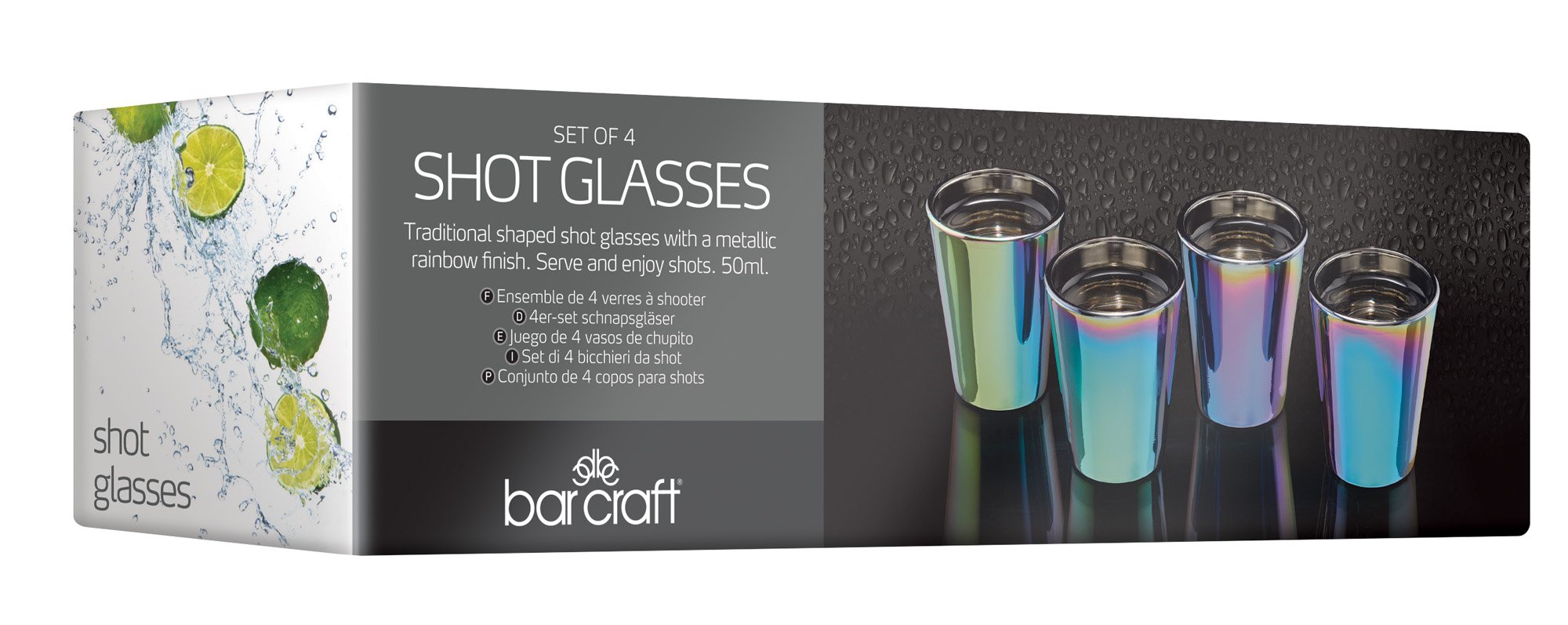 BarCraft BCSGRBOW4PC Metallic Rainbow Iridescent Shot Glasses, 50 ml (2 fl oz), Set of 4, 5 x 5 x 6 cm