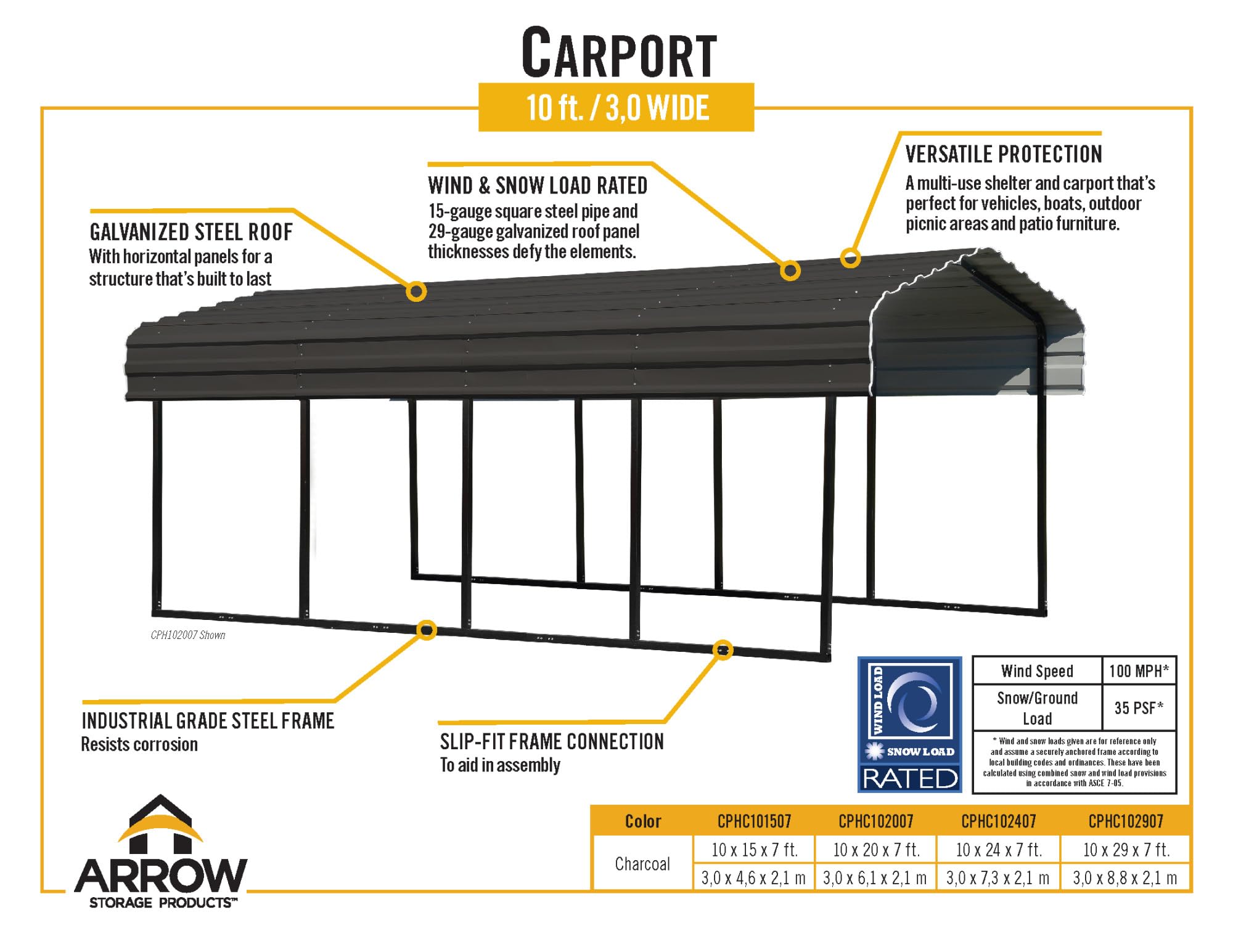 Arrow CPHC102907 Heavy Duty Galvanized Steel Metal Multi-Use Shelter, Shade, Carport, 10' x 29' x 7'