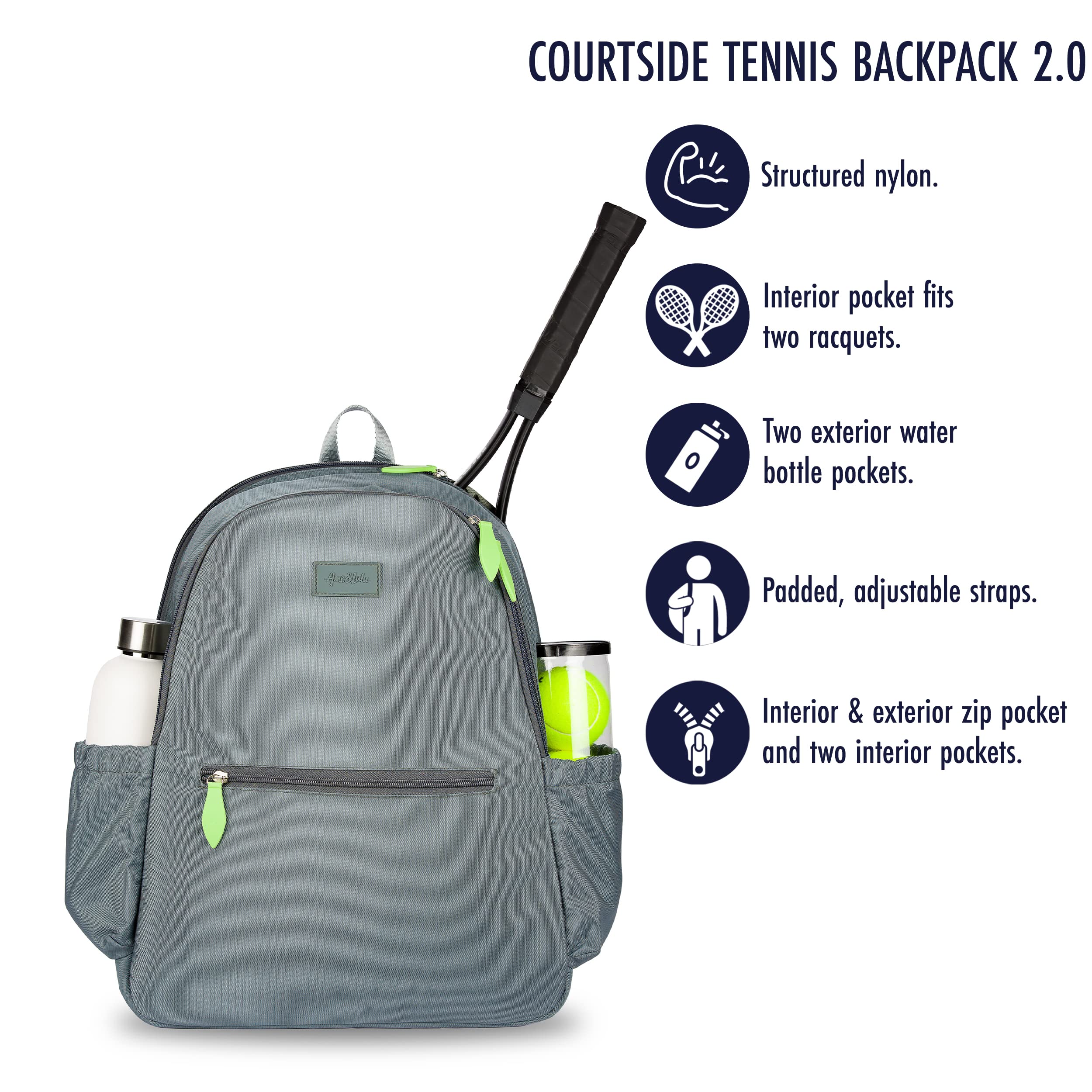 Ame & Lulu Courtside 2.0 Tennis Backpack - Padded & Adjustable Strap - Contains Two Exterior Water Bottle Pockets - Charcoal/Lime - 1 Count