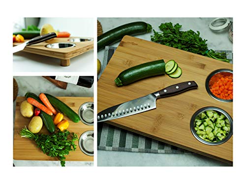 VersaChop Duo, Large 18 inch X 12 inch Cutting Boards for Kitchen. Totally Natural Organic Moso Bamboo Cutting Board with Two Integrated Stainless Steel Bowls attached for organization and storage.