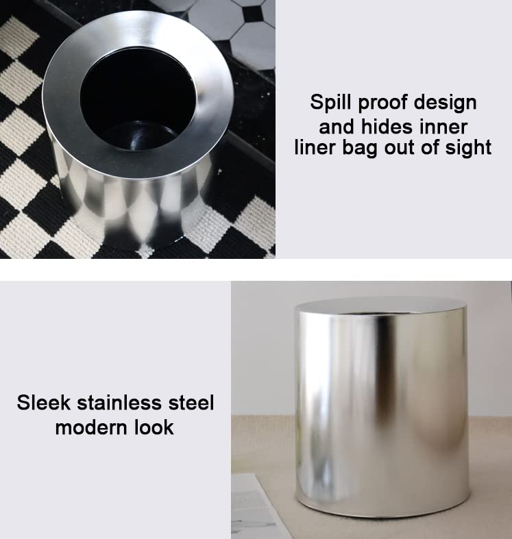 Sleek Metallic Silver Waste Basket - Stainless Steel Look Garbage Container - Spill Proof Trash Can - 12L/3.2Gal Capacity - Modern Garbage Pail - Futuristic Minimalist Style for Bedroom Living Room…