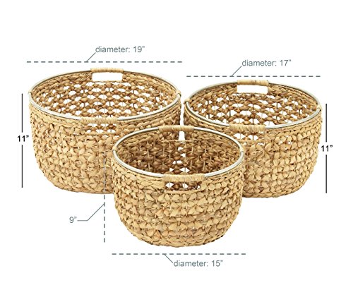 Deco 79 Seagrass Handmade Storage Basket with Metal Handles, Set of 3 15", 17", 19"W, Light Brown