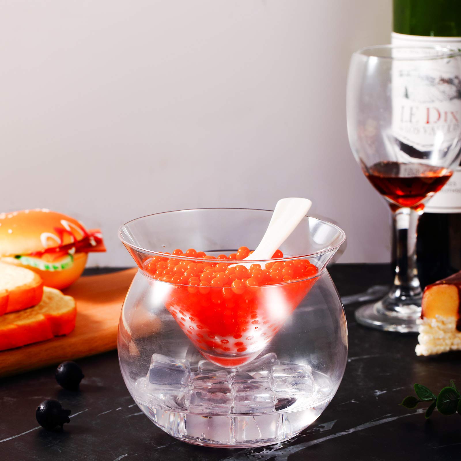 Glass Caviar Chiller Server Set Plus 6 Pcs Caviar Spoons Caviar Serving Set 2.76 to 3.54 Inches Mother of Pearl Spoon Shell Spoon Round Handle, Universal Martini, Wine, Liquor Cocktail Chiller
