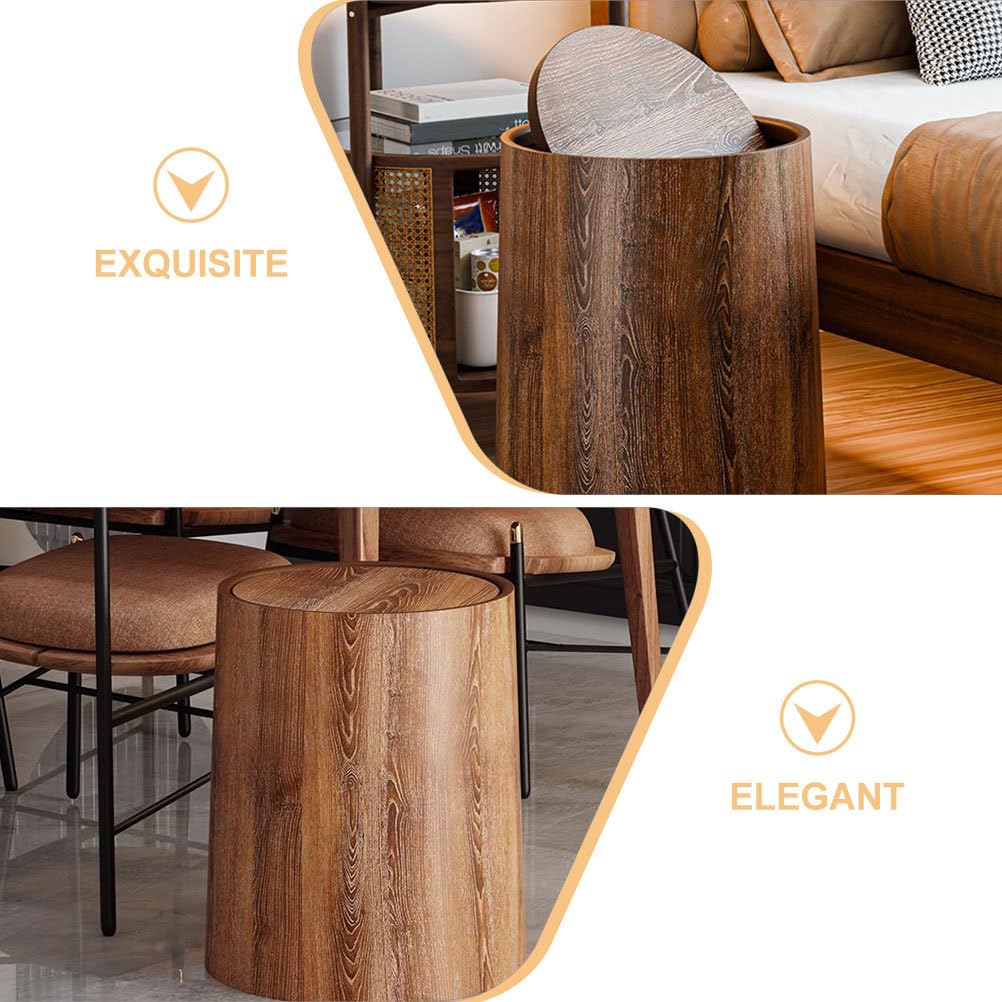 BESTOYARD Wood Grain Trash Can 2.6 Gallon Plastic Round Wastebasket with Swing Lid Garbage Container Bins for Home Office Bedroom Bathroom