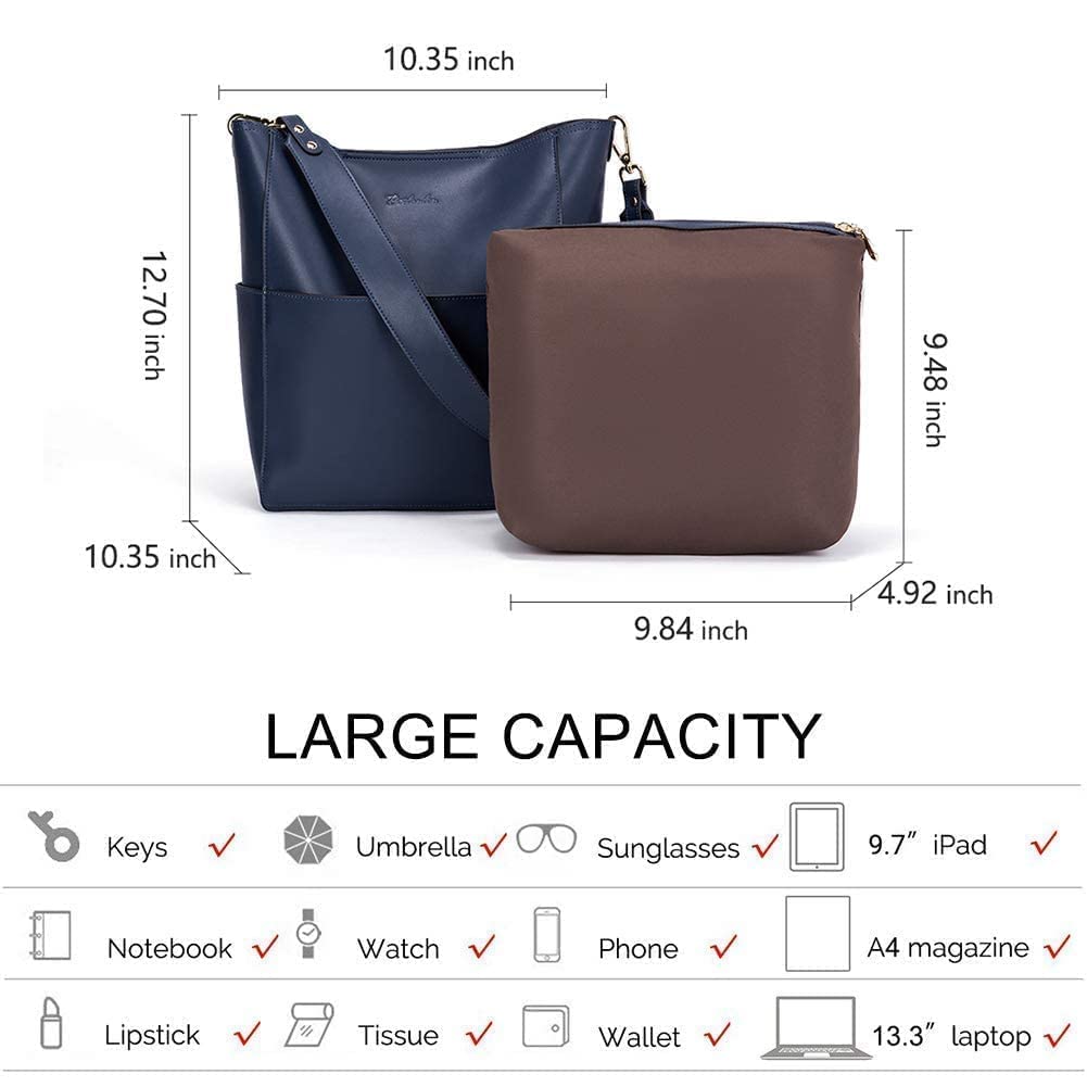 BOSTANTEN Women's Leather Designer Handbags Tote Purses Shoulder Bucket Bag Navy Blue Bundle with Leather Wallets for Women RFID Blocking Zipper Pocket Small Bifold Wallet Card Case
