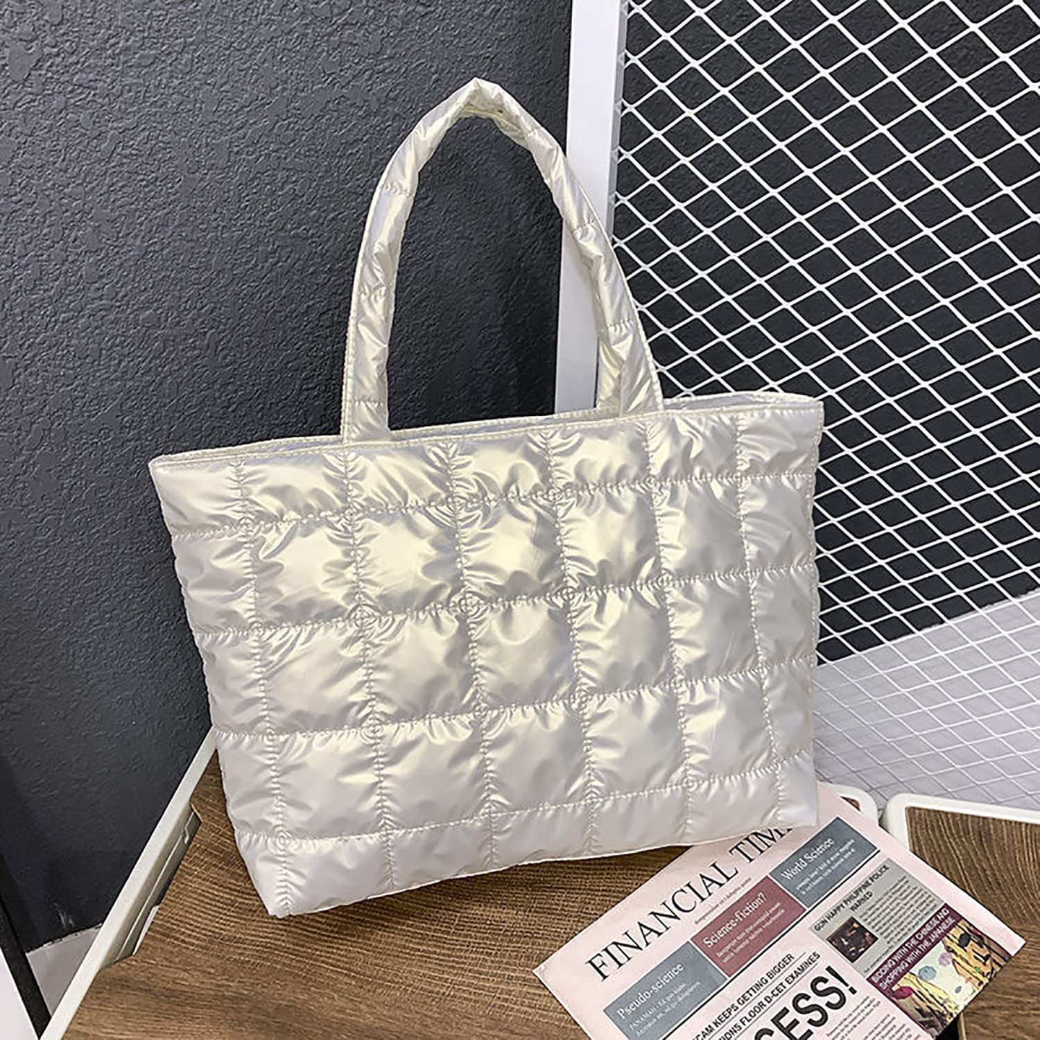Qvenou Large Puffer Tote Bag for Women Lightweight Quilted Handbag Down Cotton Padded Shoulder Bag Large Capacity Down Padding Tote Bag-Off-white