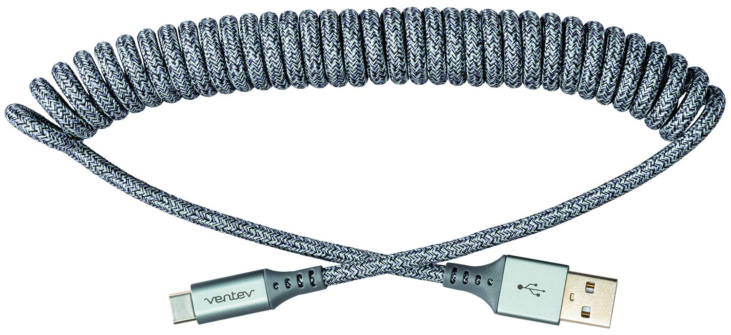 Ventev - Chargesync Helix Cable 14" USB A to USB C, Cloth Covered, Flexible Elastic Recoil Design, Fast Charging, Compatible with iPhone 16/16 Pro/15, MacBook, iPad Pro, Samsung Galaxy S25 - Gray