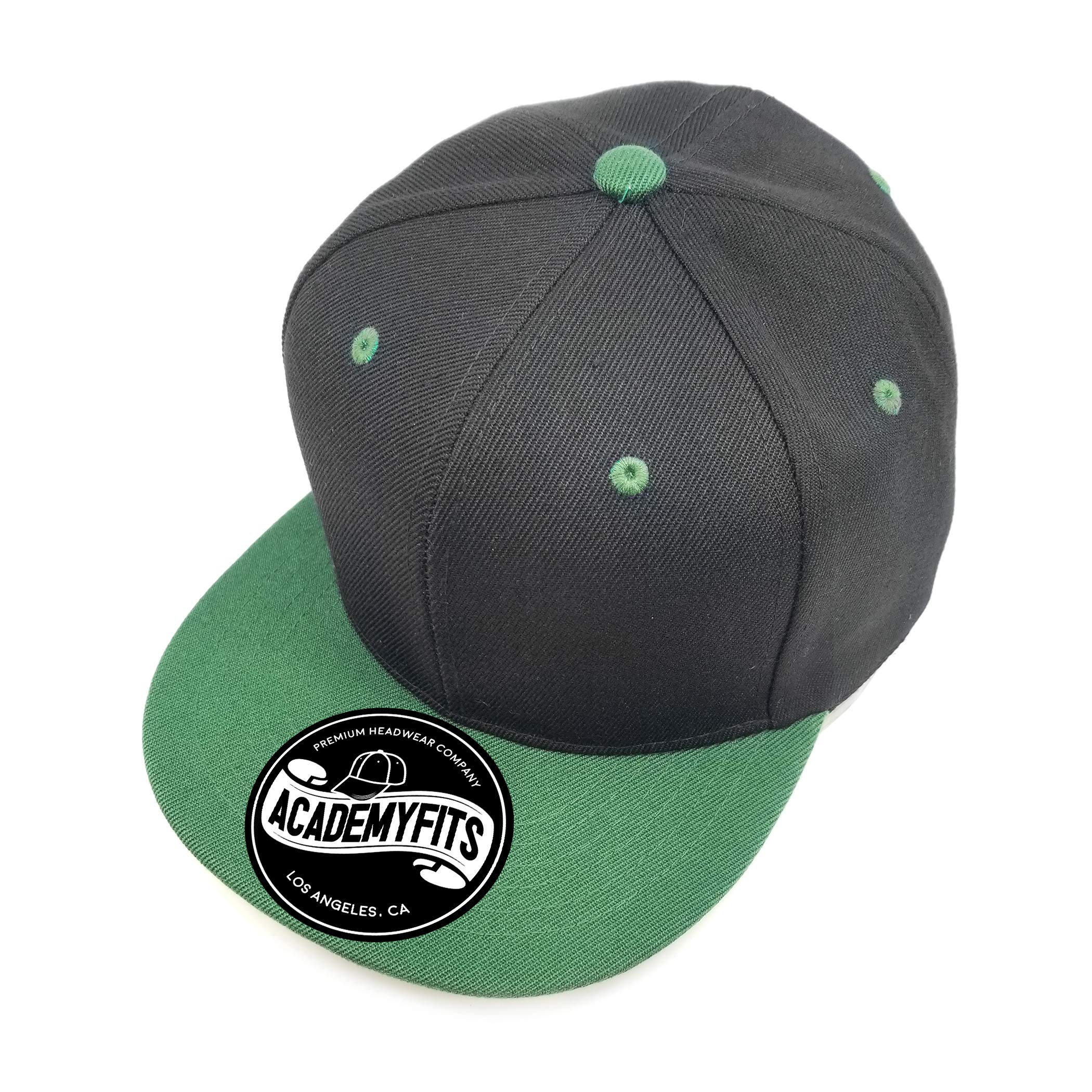 AcademyFits 6 Panel High Crown Acrylic Flat Visor Brim Snapback Men Women Unisex Design Plain Blank Solid Hat 2 Tone Cap (Black/D.Gray)