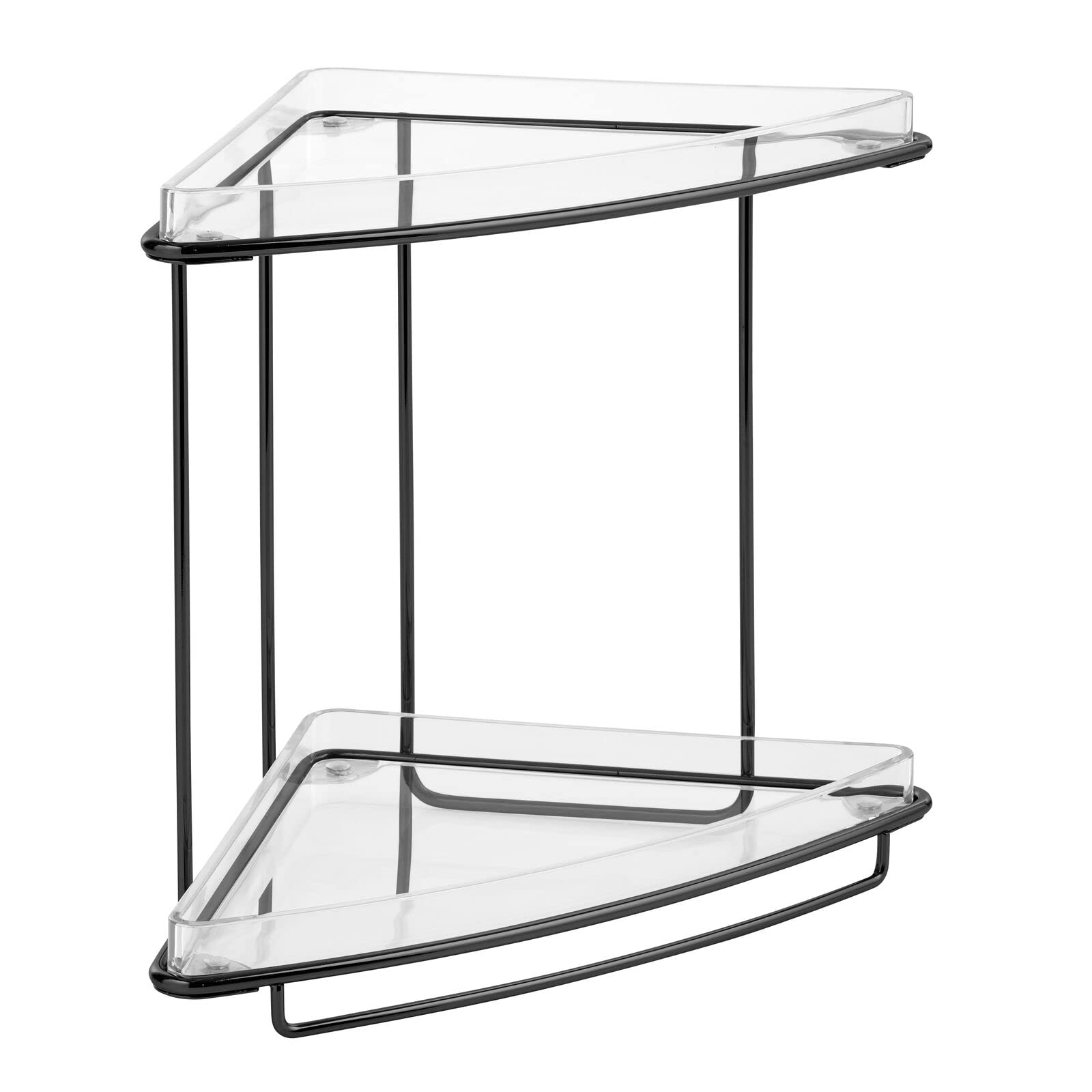 mDesign Steel/Plastic Freestanding Countertop Corner Shelf Organizer with 2-Tier Storage for Bathroom, Vanity, Cabinet, Counter - Holds Makeup, Bath Gel - Prism Collection - Clear/Matte Black