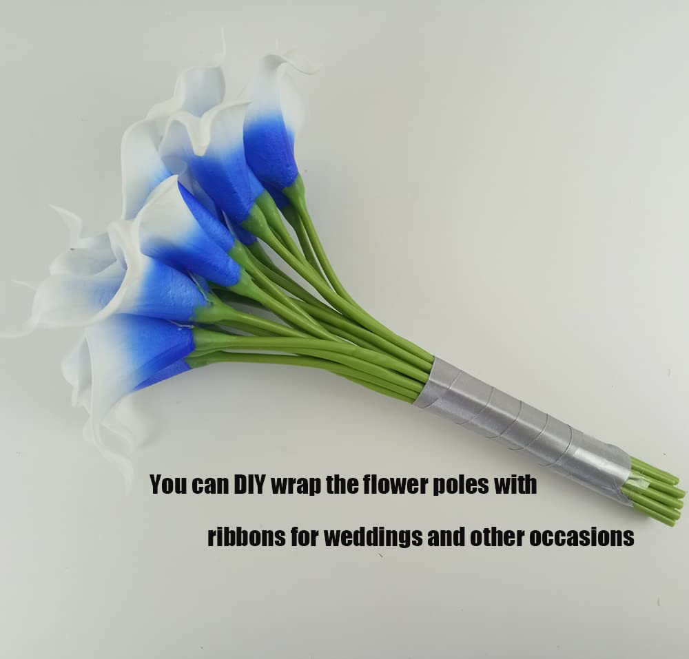 Etycoo 20pcs Calla Lily Lataex Real Touch Flower Bouquet for Wedding Garden Dining Table Center Home Party Photography Decor (White Blue Core)