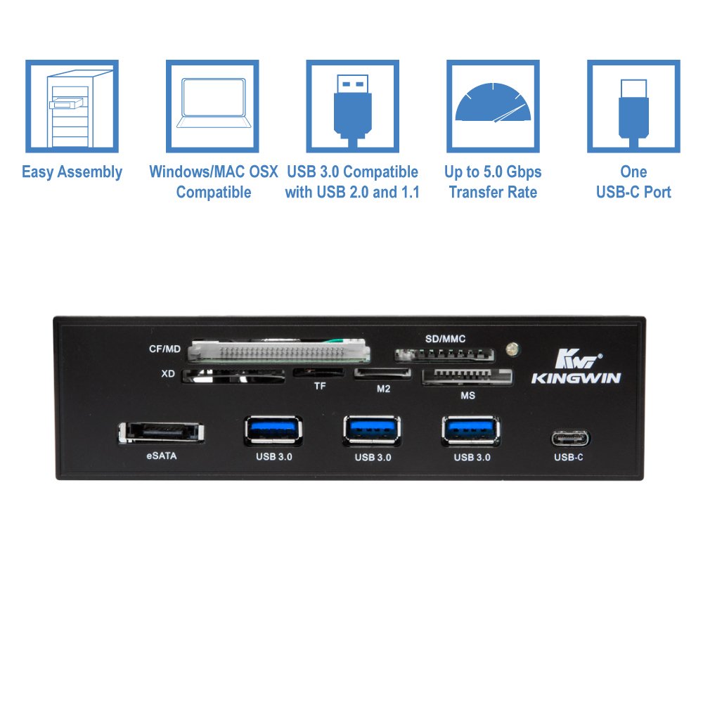 Kingwin Powered USB Hub 3.0 w/ 1 USB-C Port, SD Card Reader & Micro SD Card Reader - Sata Power Port w/Lightning Speed Data Transfer Up to 5Gbps - 5.25" Computer Case Front Bay, black (KW525-3U3CR)