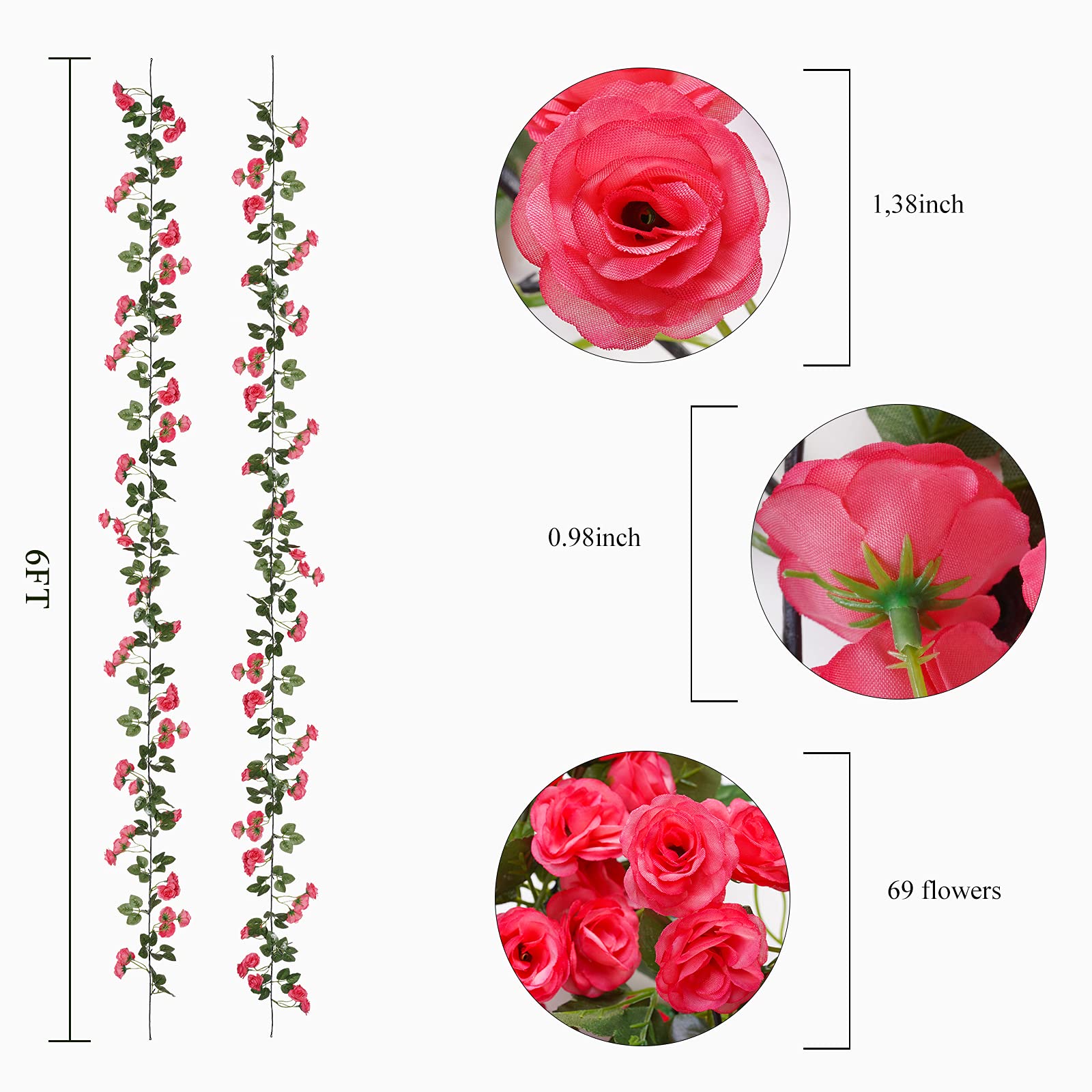 Houele 2 Pack (16FT) Fake Rose Vine Flowers Plants Artificial Rose Vine Flowers for Wedding Home Party Garden Craft Art Decor(Rose Pink)