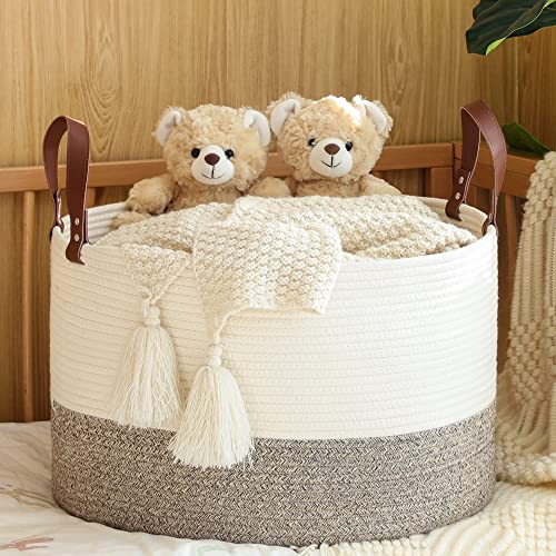 KAKAMAY Large Cotton Rope Blanket Basket (20"x13"),Woven Baby Laundry Hamper,Blanket Basket for Nursery, Laundry, Living Room, Pillows, Toys with Handles (White/Beige)