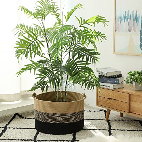 KAKAMAY Large Cotton Rope Blanket Basket (20"x13"),Woven Baby Laundry Hamper,Blanket Basket for Nursery, Laundry, Living Room, Pillows, Toys(Jute/Black)