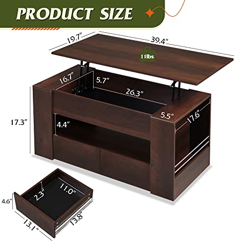 WLIVE Lift Top Coffee Table with Storage,Small Coffee Table with Drawers for Living Room,Hidden Compartment and Open Shelf,Central Table for Reception Room,Espresso