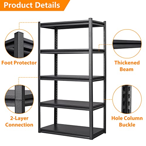 LISSIMO 5-Tier Heavy Duty Shelf, 63" H Metal Shelving Unit Load 2000LBS, Adjustable Storage Shelves for Garage,Bedroom,Office 18" D x 34" W x 63" H