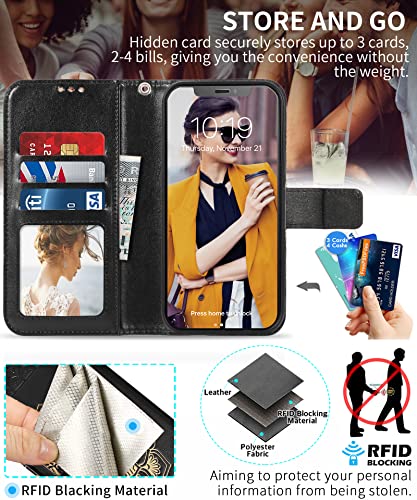 CASEOWL Compatible for iPhone 13 Wallet Case Magnetic Detachable-2 in 1 Mandala Embossed Flip Leather Wallet Case for Women Girls [RFID Blocking]with Card Holder, Hand Strap for iPhone 13 2021(Black)
