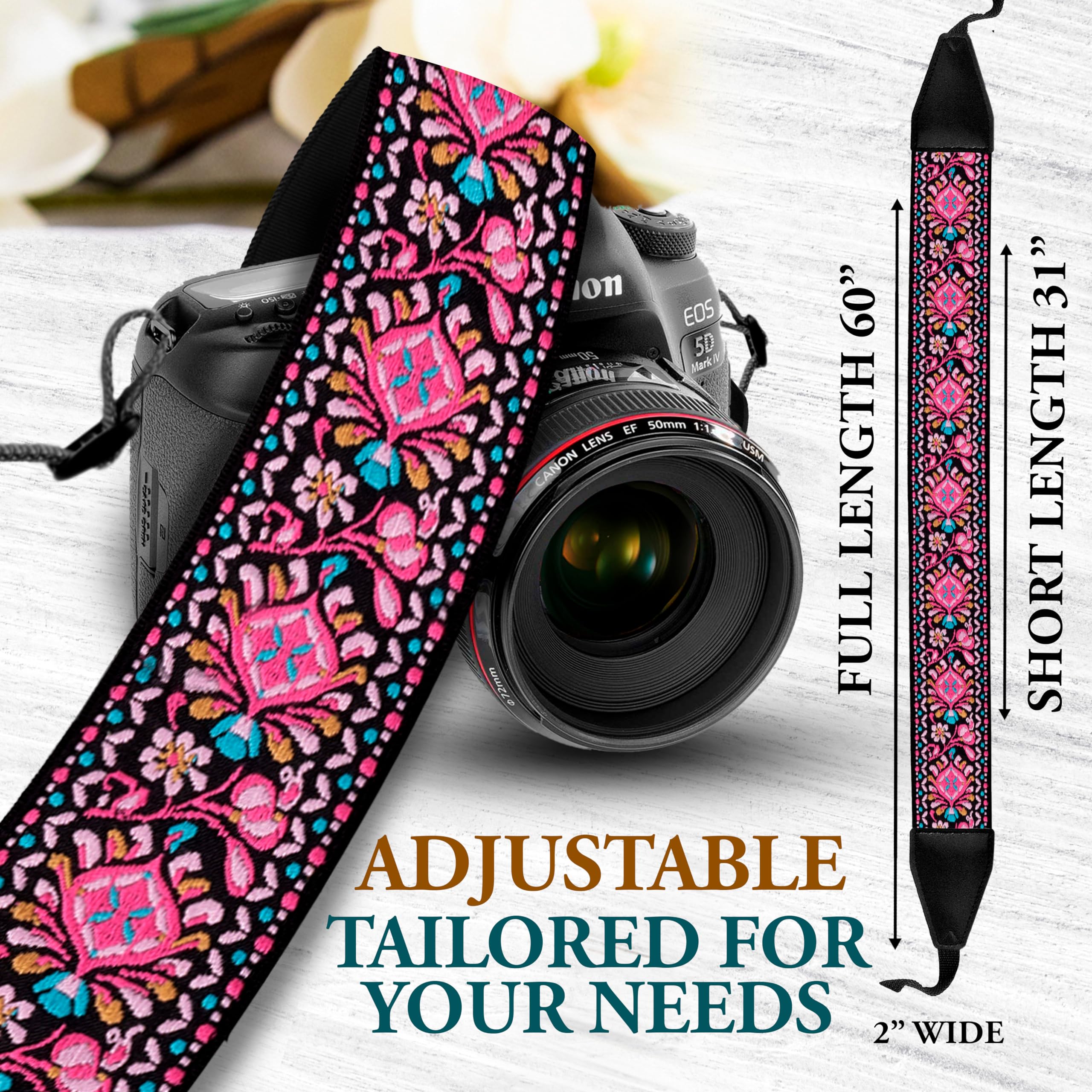 Art Tribute Pink Woven Camera Strap For All DSLR and SLR Camera, Embroidered Elegant Universal Neck & Shoulder Strap, BOHO Pattern. Best Gift for Photographers