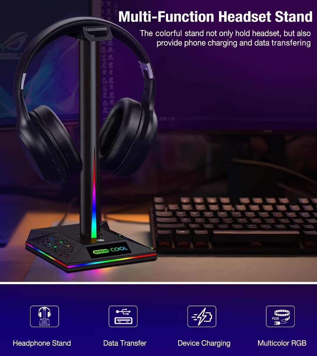 EUROA Headphone Stand Gaming Desk Headset Stand Holder with 10 RGB Lights, Head Set Desk Hook Gift Accessories for Gamer, Backpack Gaming Headpones Stand with 2 USB Charing Ports