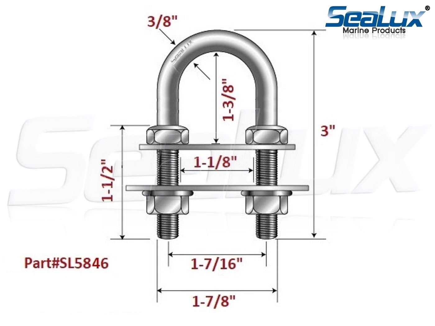 SeaLux Marine Boat Bow Eye Stern Eye U Bolt Tie Down 3/8" Stock, 3" Overall Length, 1-1/2" Thread Length with Hex Nuts and washers-SL5846