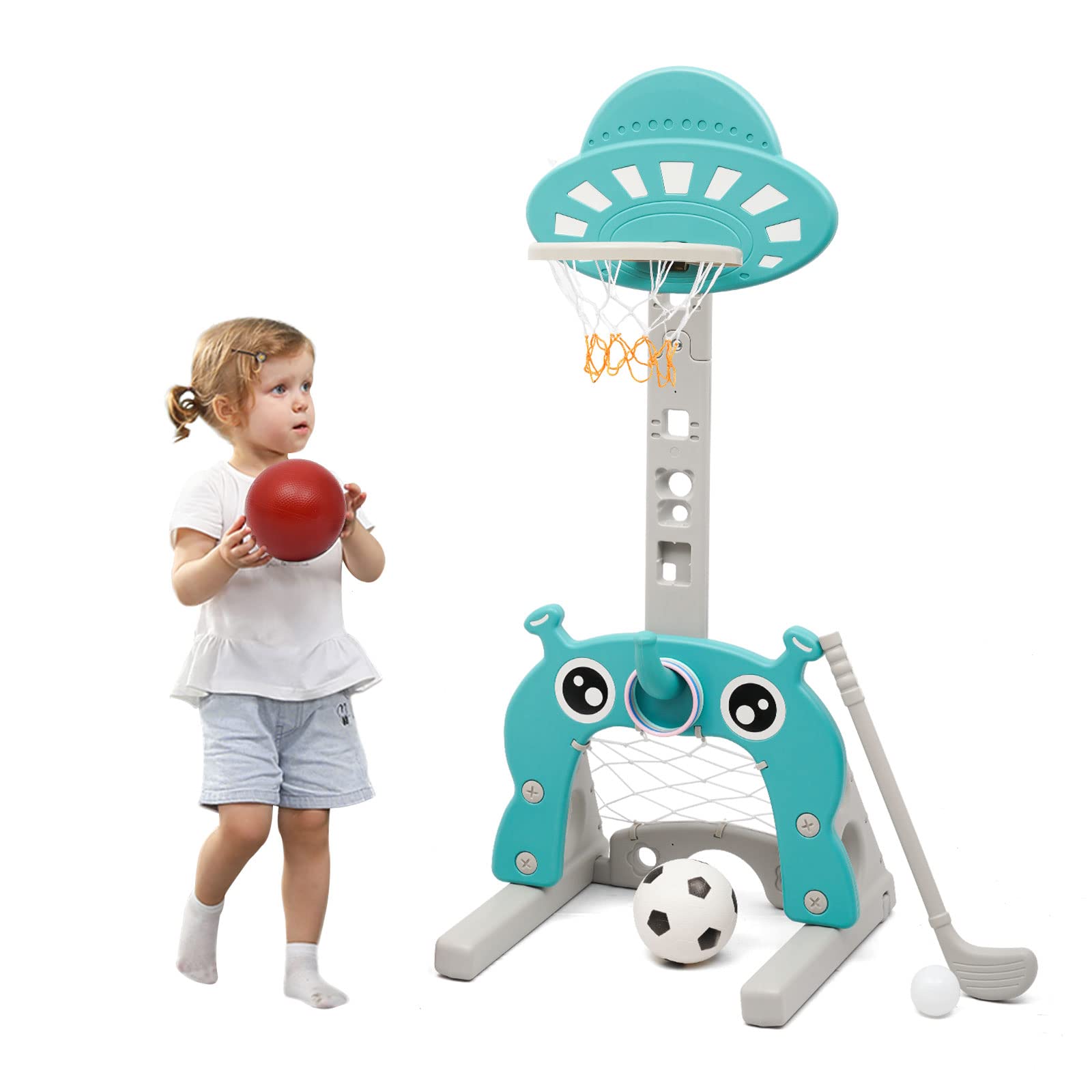 Basketball Hoop for Kids 4 in 1 Kids Sports Center Toddler Basketball Hoop Indoor and Outdoor Basketball Hoop Football/Soccer Goal Golf Game Ring Toss Play Set Best Gift for Toddlers and Kids(Green)